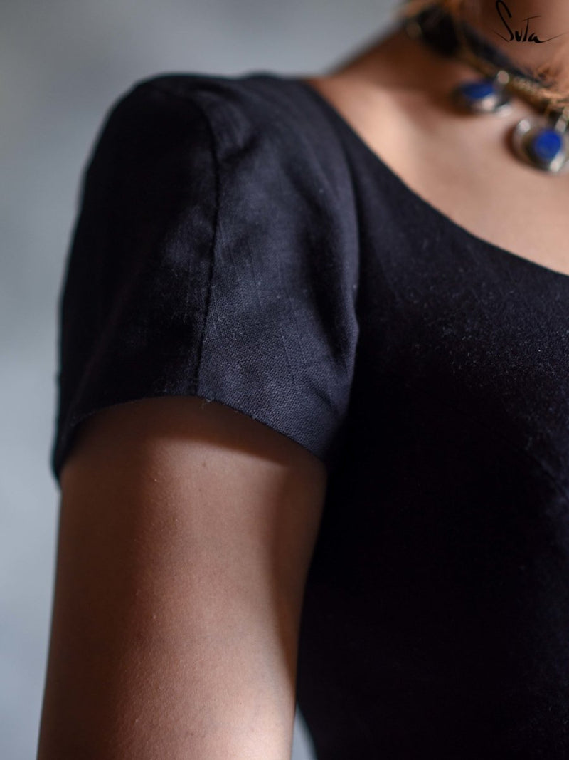 Cotton Cap Sleeve Black Blouse With U Neck|Samputa|Suta