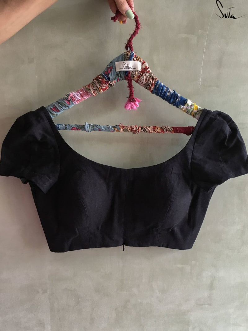 Cotton Cap Sleeve Black Blouse With U Neck|Samputa|Suta