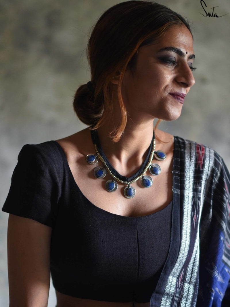 Cotton Cap Sleeve Black Blouse With U Neck|Samputa|Suta