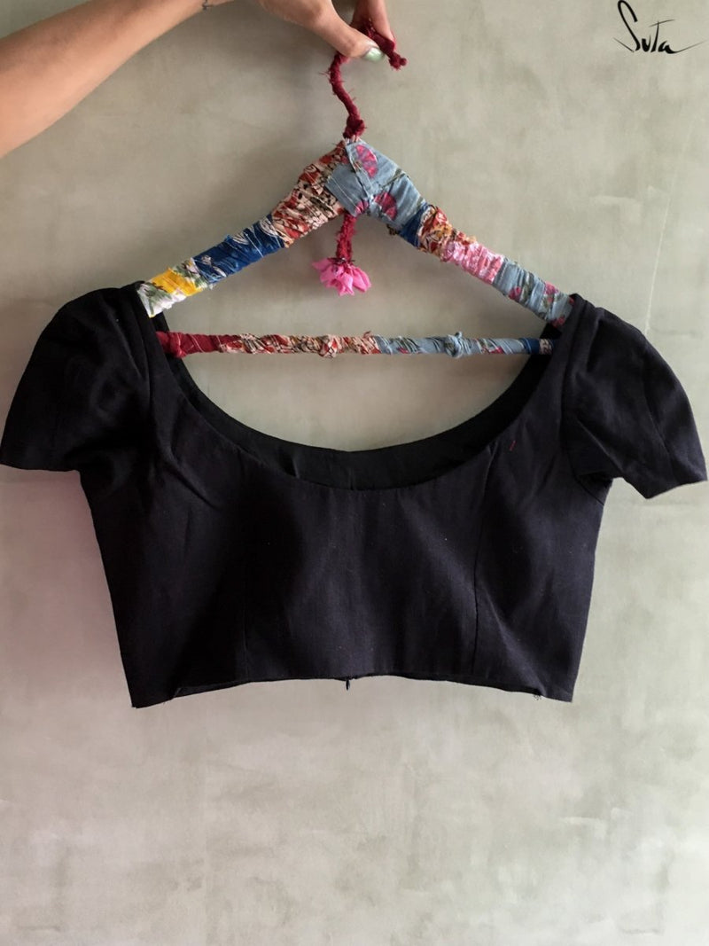 Cotton Cap Sleeve Black Blouse With U Neck|Samputa|Suta