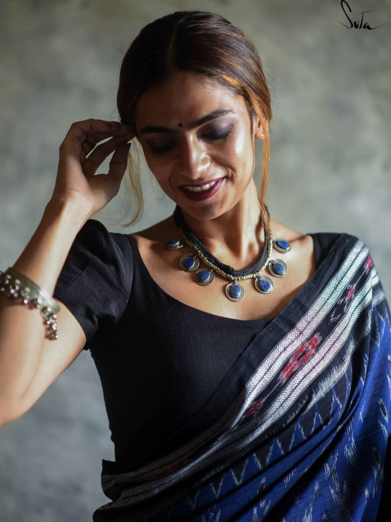 Cotton Cap Sleeve Black Blouse With U Neck|Samputa|Suta