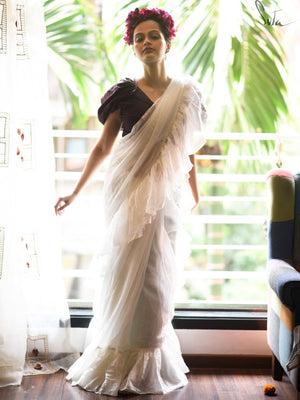 Mulmul Cotton Plain White Ruffle Saree|Shankho|Suta