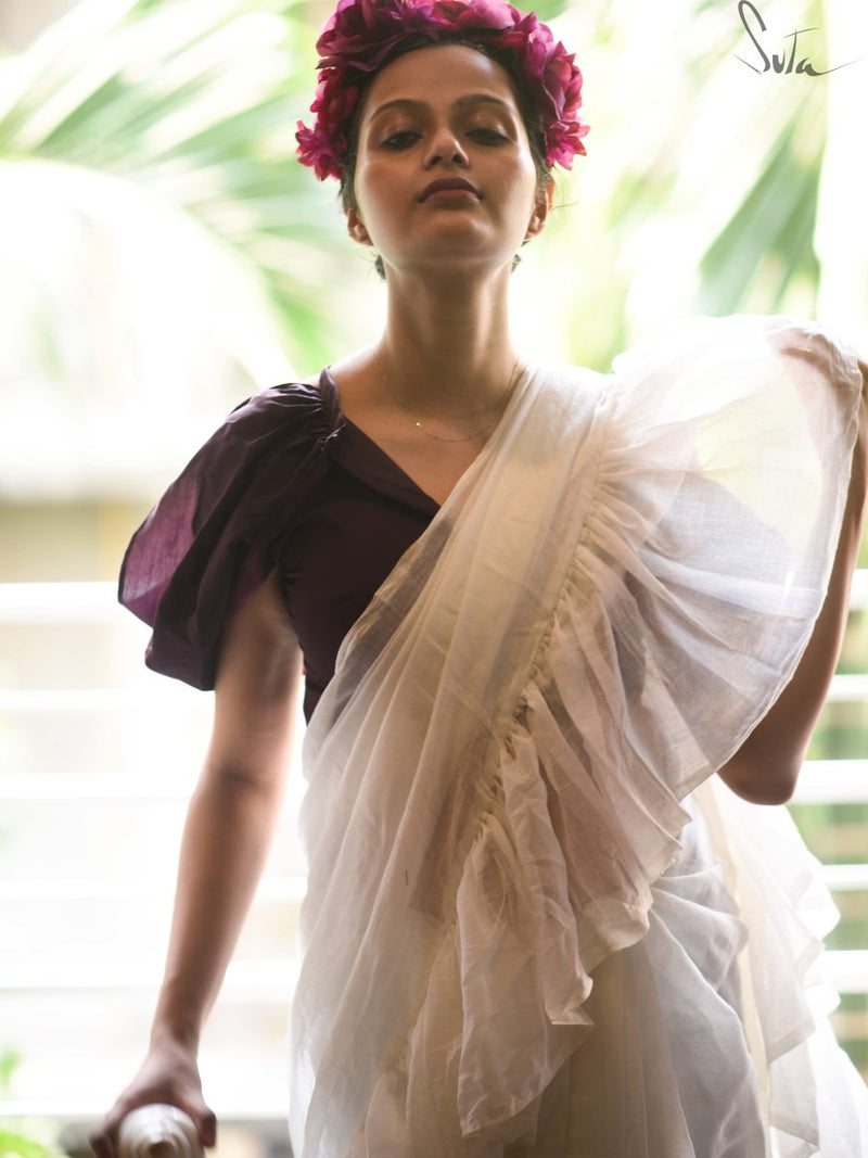 Mulmul Cotton Plain White Ruffle Saree|Shankho|Suta