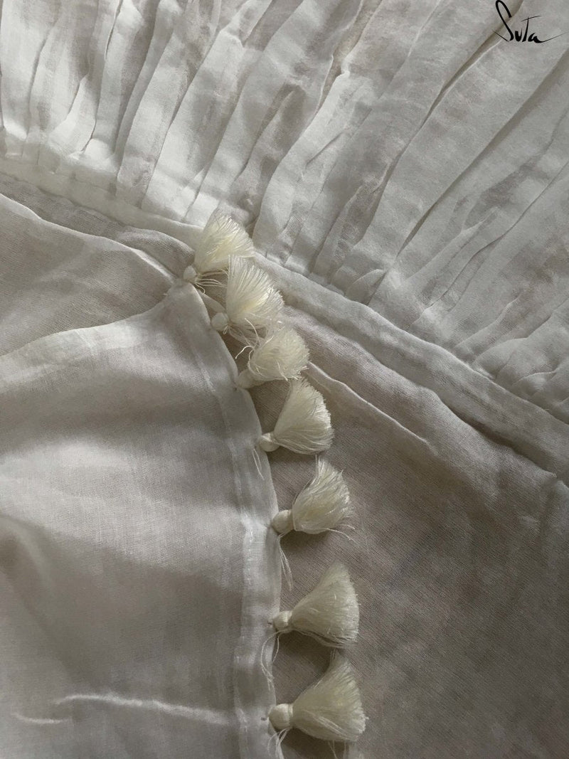 Mulmul Cotton Plain White Ruffle Saree|Shankho|Suta