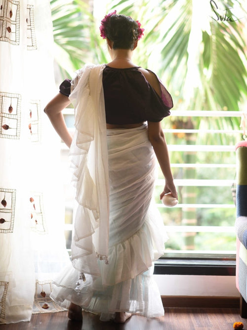 Mulmul Cotton Plain White Ruffle Saree|Shankho|Suta