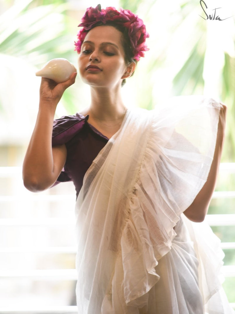 Mulmul Cotton Plain White Ruffle Saree|Shankho|Suta