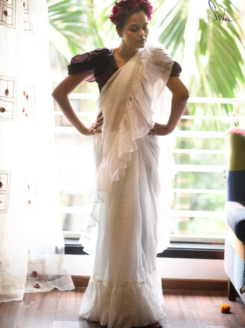 Mulmul Cotton Plain White Ruffle Saree|Shankho|Suta