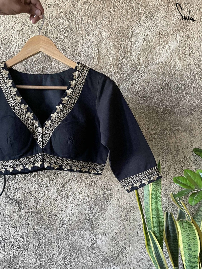 Cotton Black V Neck Blouse With Border Design|Shona|Suta