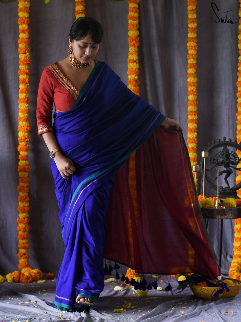 Cotton Acrylic Red And Blue Saree|Sindhoori Nadiya|Suta