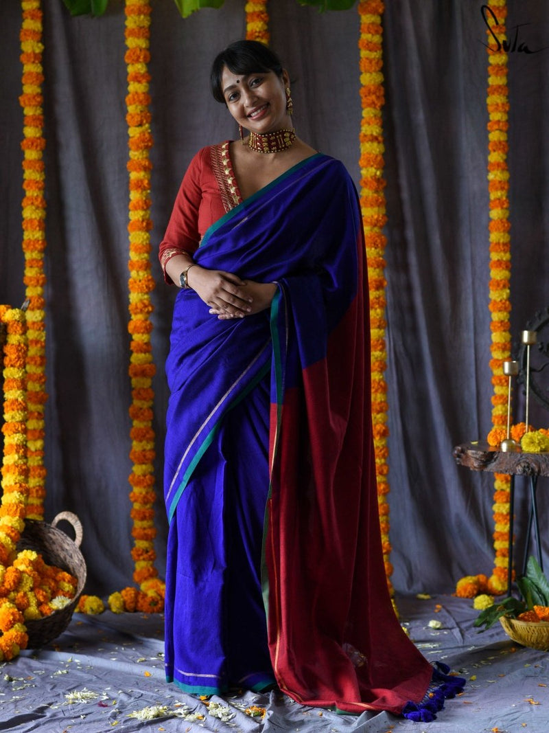 Cotton Acrylic Red And Blue Saree|Sindhoori Nadiya|Suta