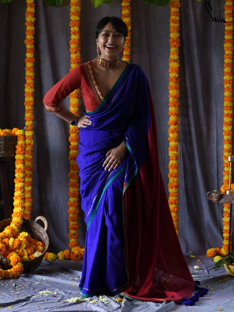 Cotton Acrylic Red And Blue Saree|Sindhoori Nadiya|Suta