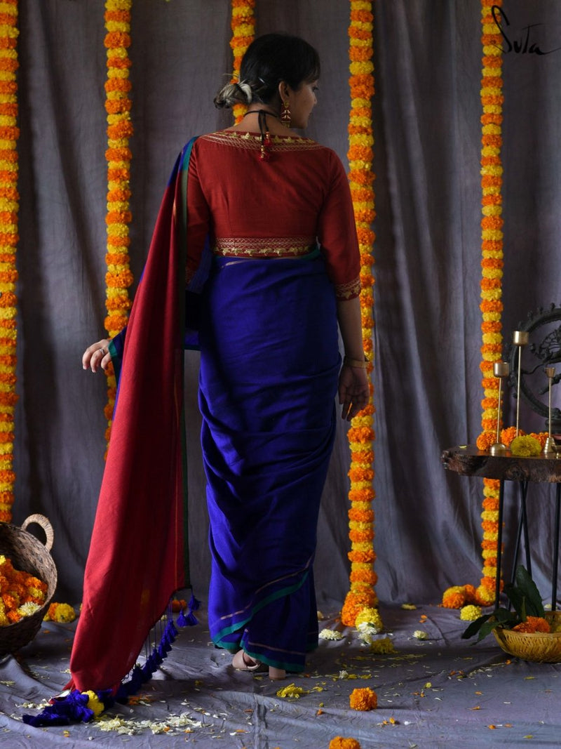 Cotton Acrylic Red And Blue Saree|Sindhoori Nadiya|Suta