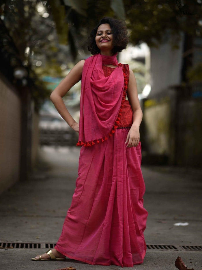 Soft Mulmul Cotton Pink Saree|Strawberry Or Raspberry|Suta