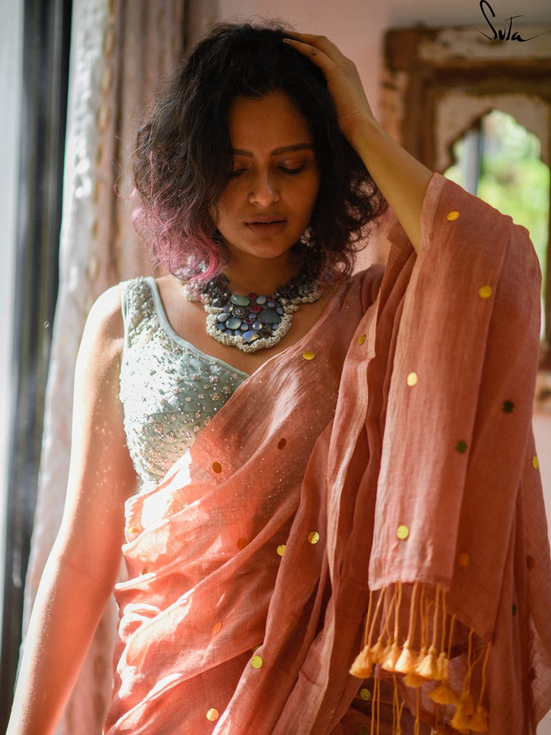 Mulmul Cotton Peach Color Saree With Sequin|Sunset Star|Suta