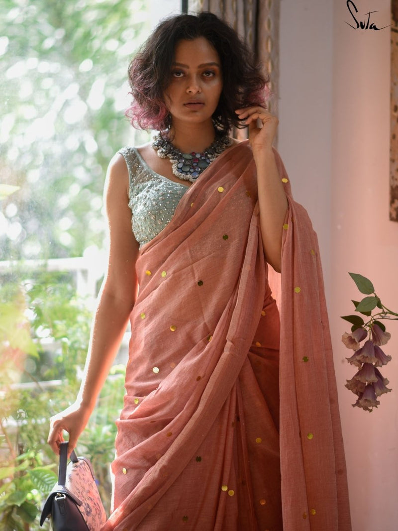 Mulmul Cotton Peach Color Saree With Sequin|Sunset Star|Suta