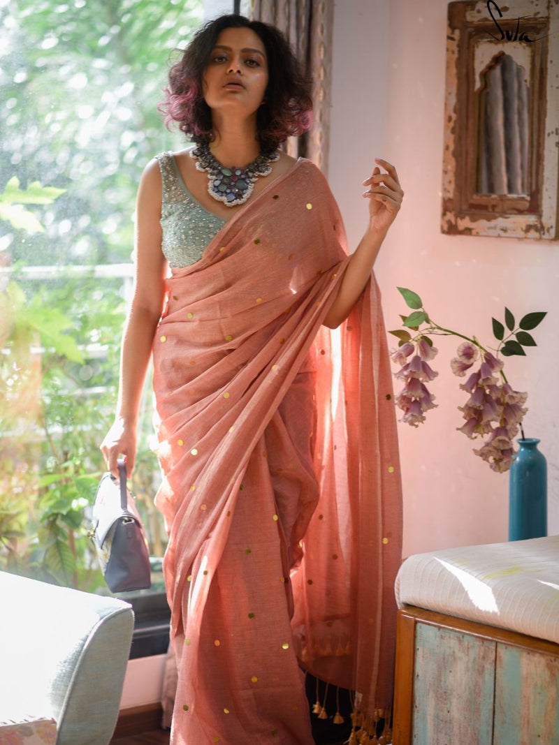 Mulmul Cotton Peach Color Saree With Sequin|Sunset Star|Suta