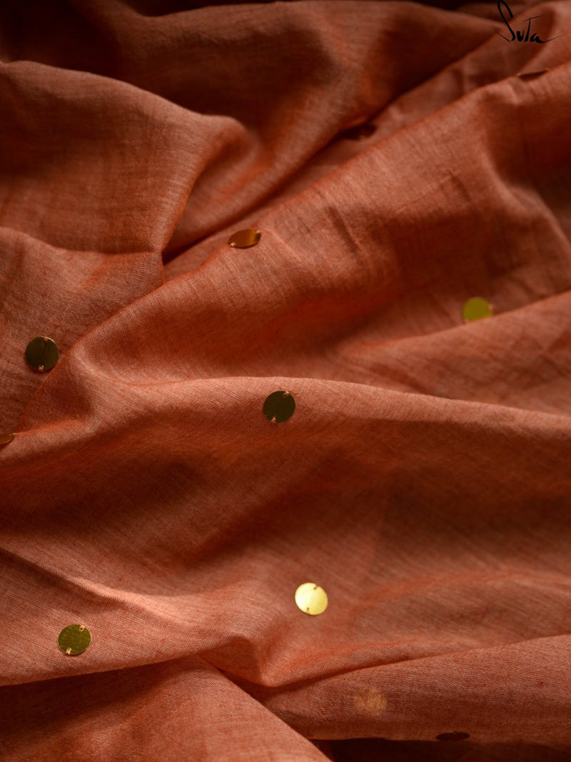 Mulmul Cotton Peach Color Saree With Sequin|Sunset Star|Suta
