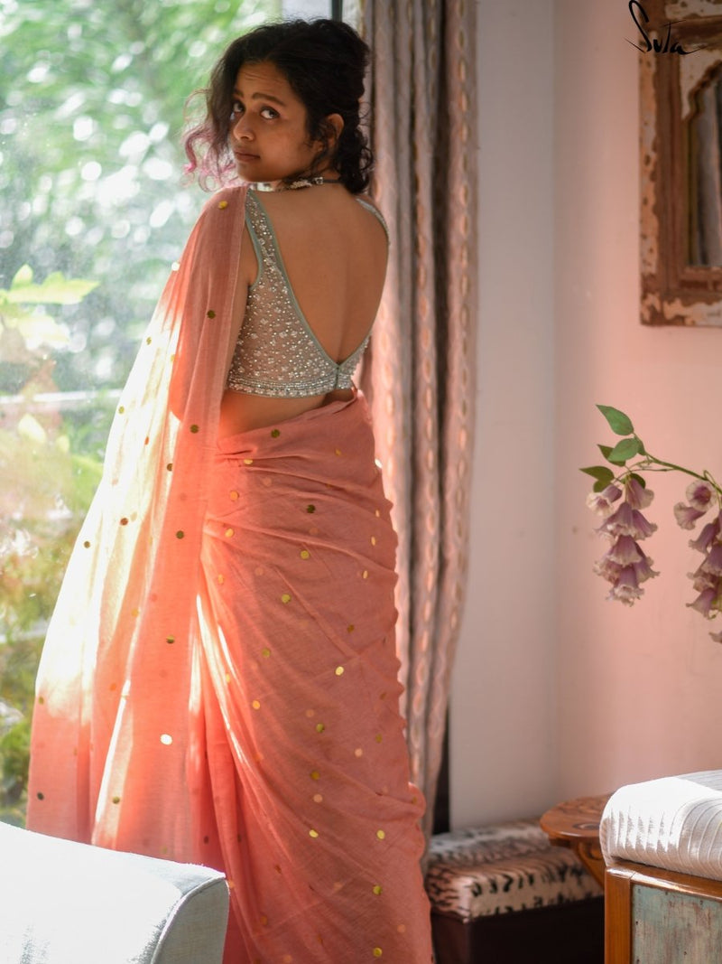 Mulmul Cotton Peach Color Saree With Sequin|Sunset Star|Suta