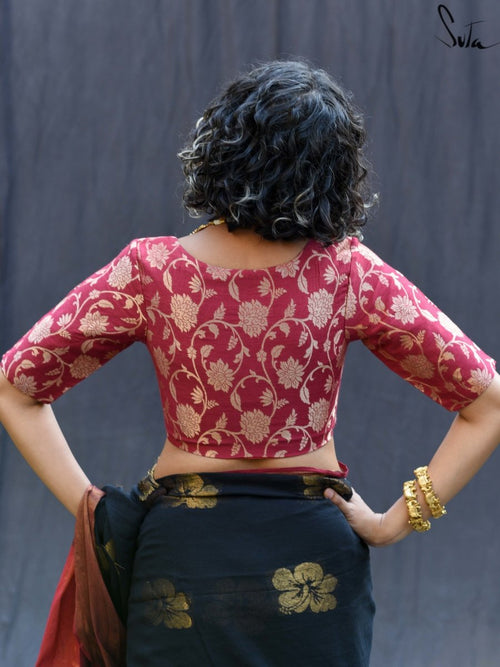 Silk Maroon Floral Back Design Blouse|Surkh Kamal|Suta