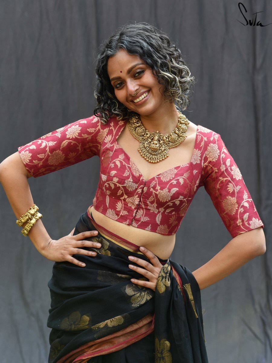 Silk Maroon Floral Back Design Blouse|Surkh Kamal|Suta