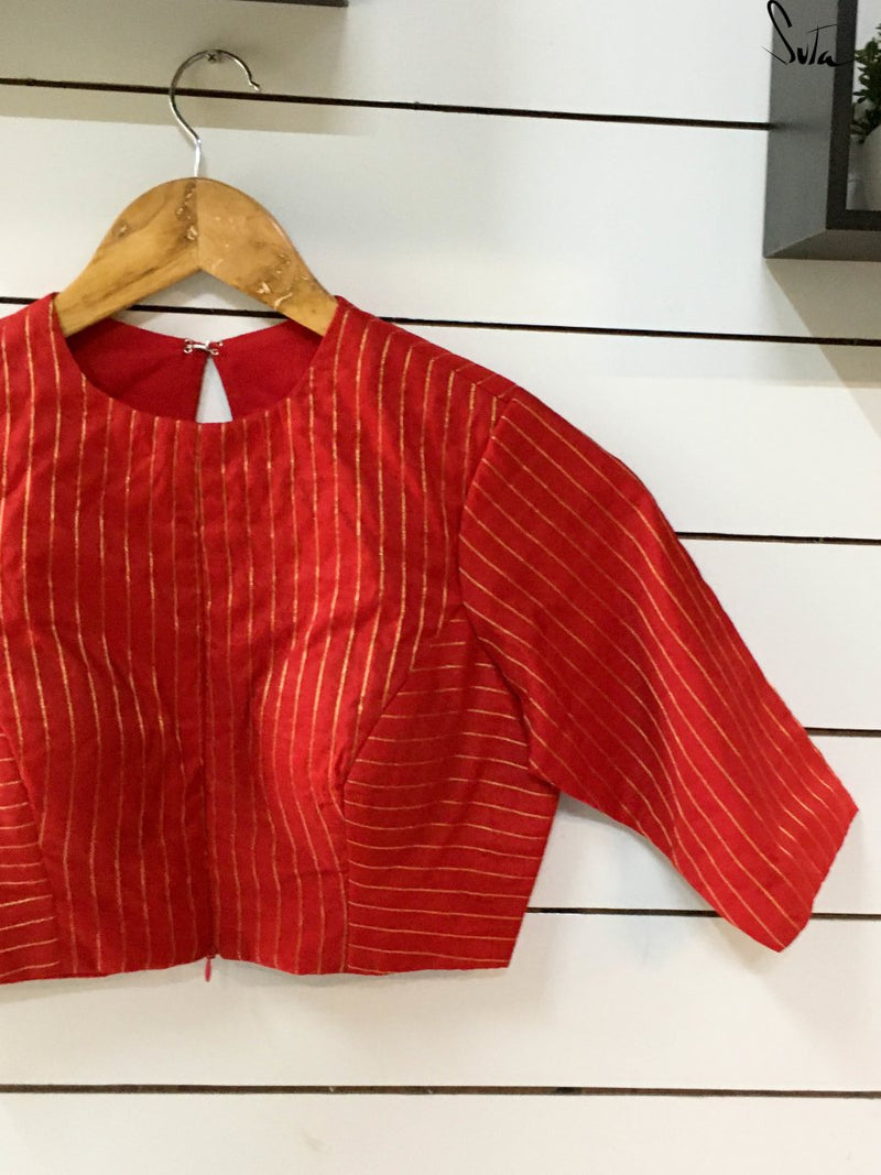 Chanderi Silk Stripes Red Blouse With Round Neck|Surkhi|Suta