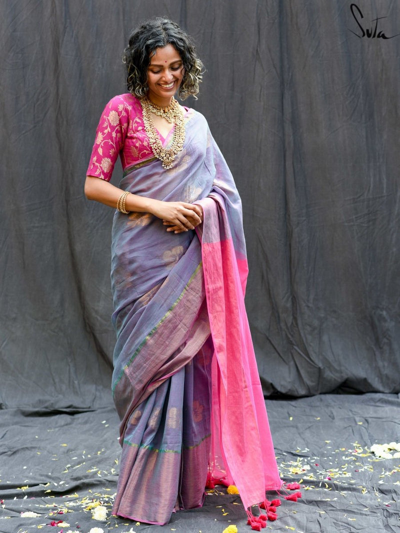 Cotton Zari Mauve Saree With Tassels|Swarn Jawa Kusun|Suta