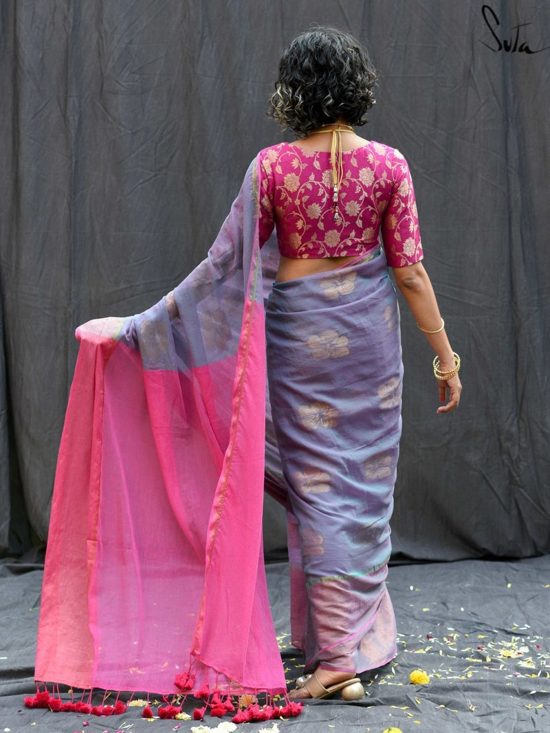 Cotton Zari Mauve Saree With Tassels|Swarn Jawa Kusun|Suta
