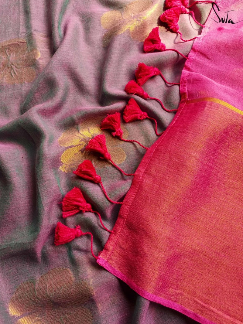 Cotton Zari Mauve Saree With Tassels|Swarn Jawa Kusun|Suta