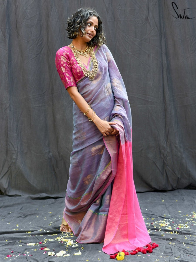 Cotton Zari Mauve Saree With Tassels|Swarn Jawa Kusun|Suta