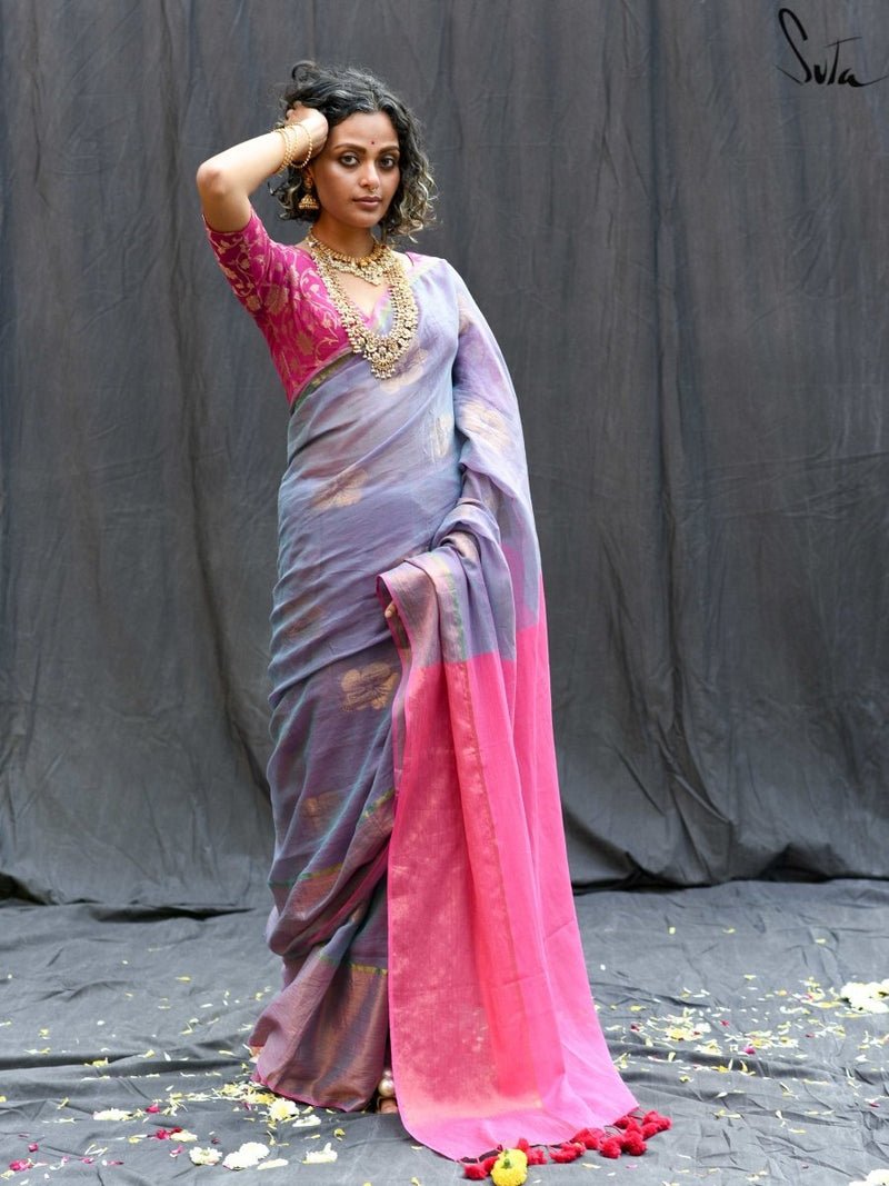 Cotton Zari Mauve Saree With Tassels|Swarn Jawa Kusun|Suta