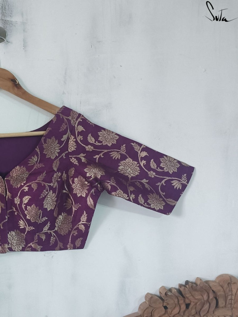 Silk Purple V Neck Blouse With Floral Design|Swarna Kamal|Suta