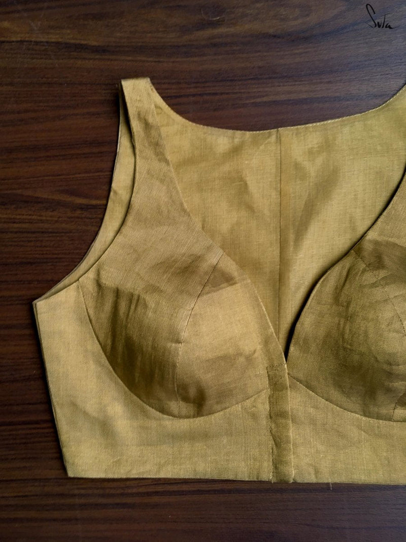 Padded Cotton Zari Sleeveless Blouse In Gold|Thankam|Suta