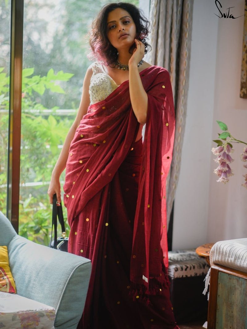 Mulmul Cotton Maroon Saree With Sequins|Thirsty Star|Suta