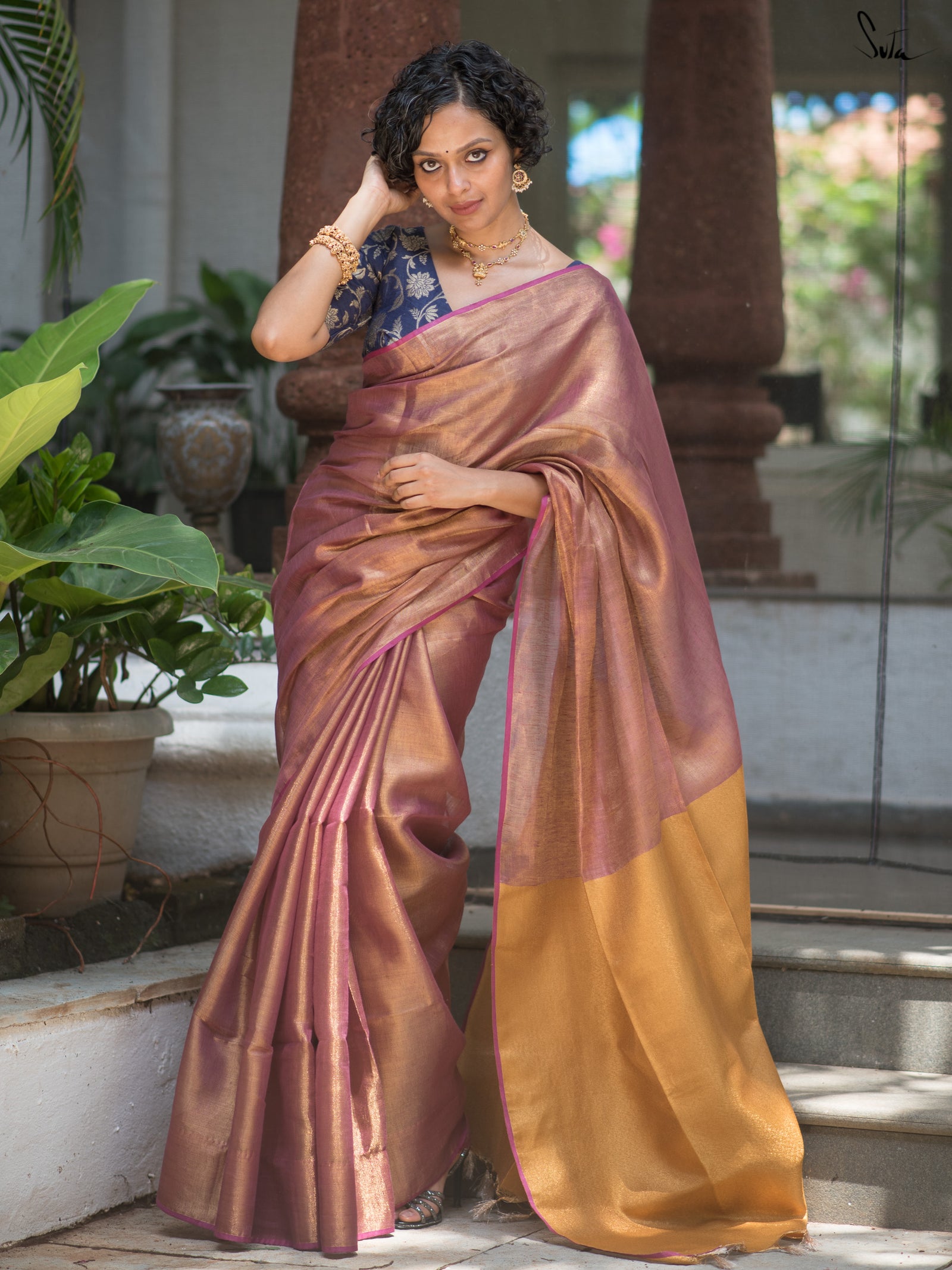 Linen Zari Golden Pink Saree With Tassels|Raga Asavari|Suta
