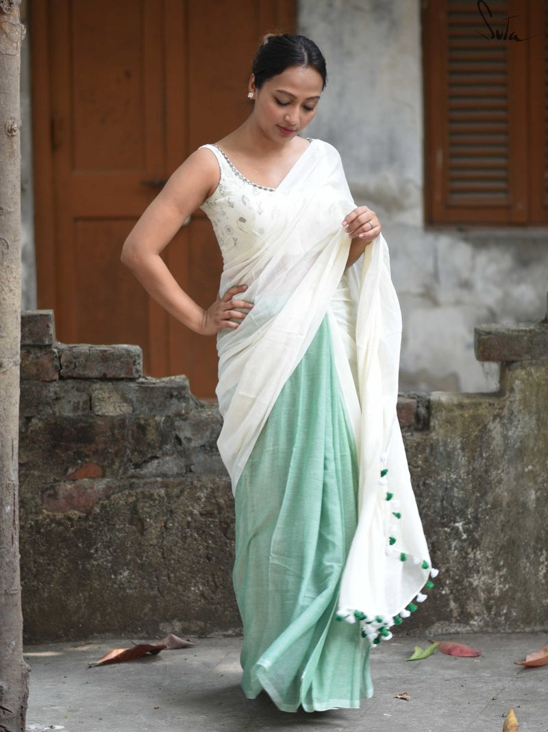Mulmul Cotton Green White Saree|Water Hyacinth|Suta