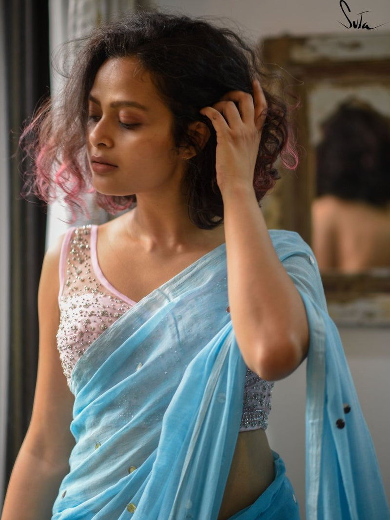 Sky Blue Soft Cotton Saree With Sequins|Winter Star|Suta