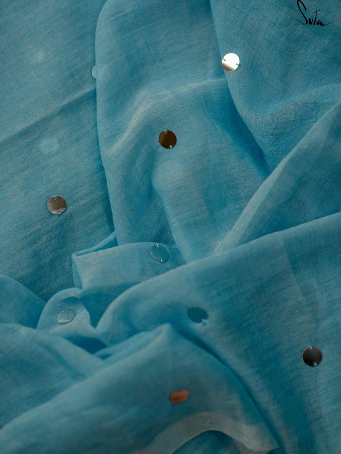 Sky Blue Soft Cotton Saree With Sequins|Winter Star|Suta