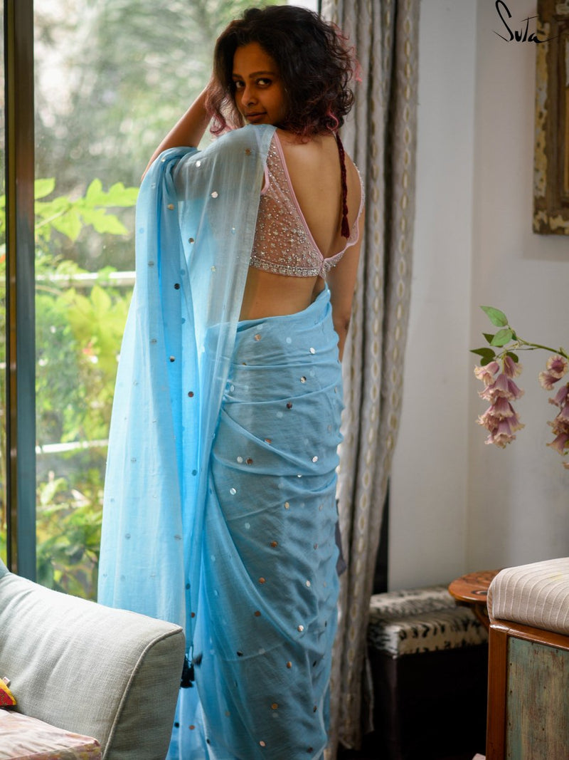 Sky Blue Soft Cotton Saree With Sequins|Winter Star|Suta