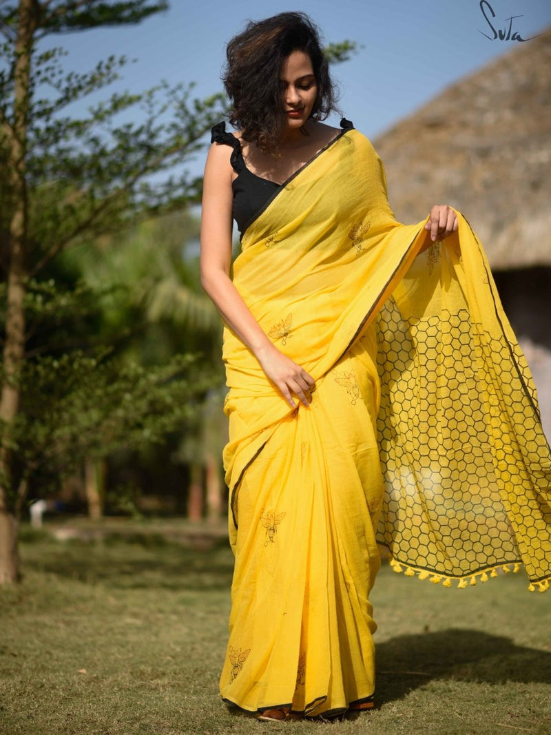 Mulmul Cotton Yellow Saree With Black Border|Yellow Bee|Suta