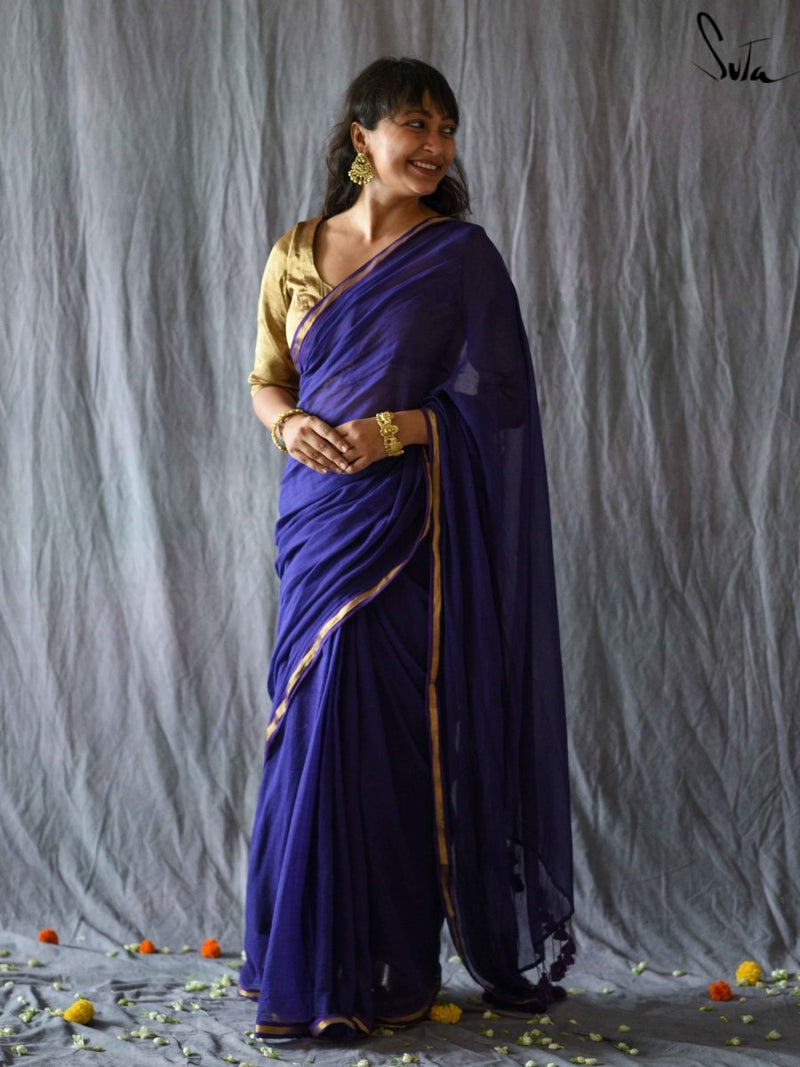 Purple Mulmul Cotton Soft Saree With Zari|Aasmani Fiza|Suta