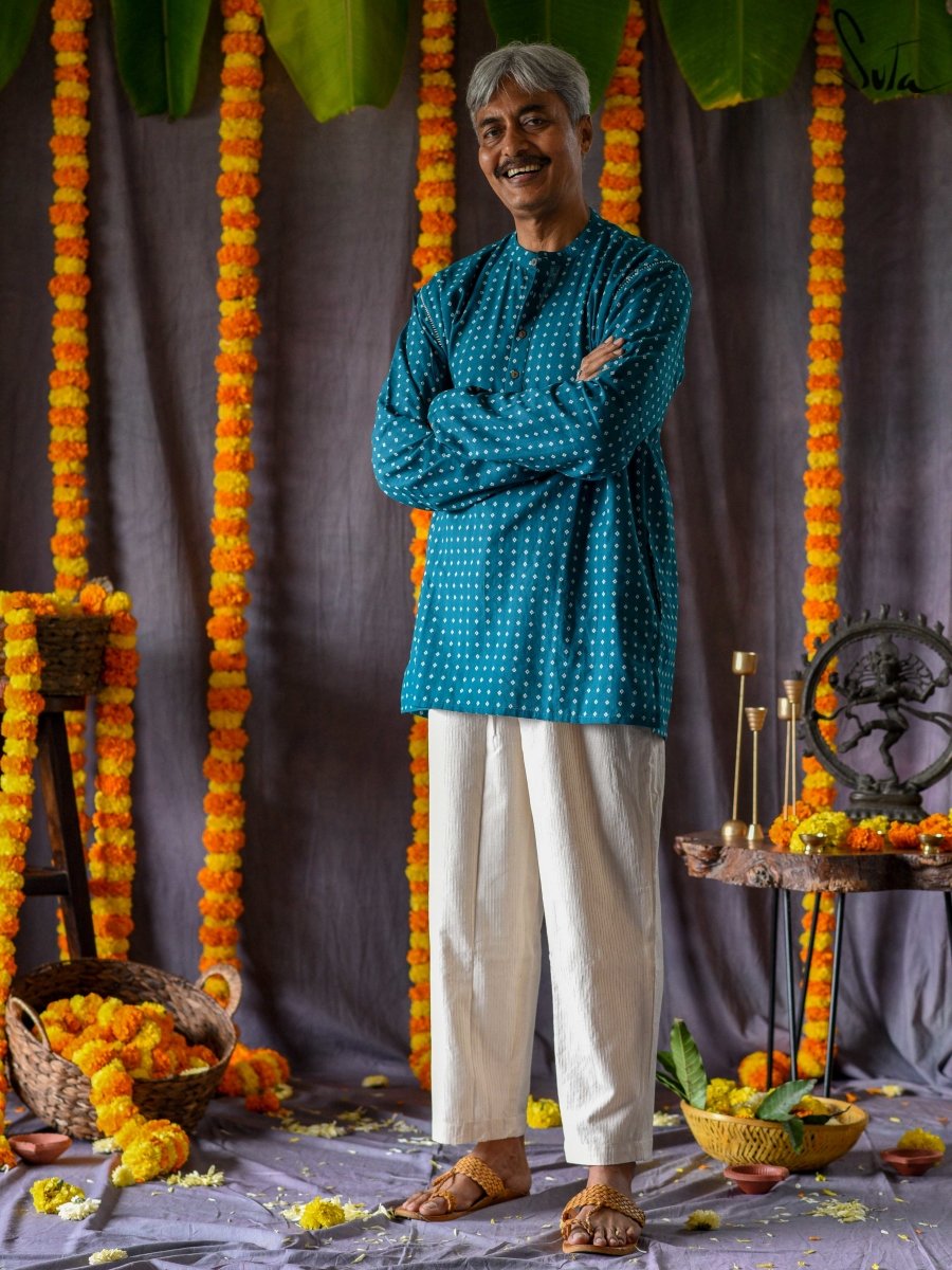 Full Sleeve Cotton Blue Kurta For Men|Akash Gange|Suta