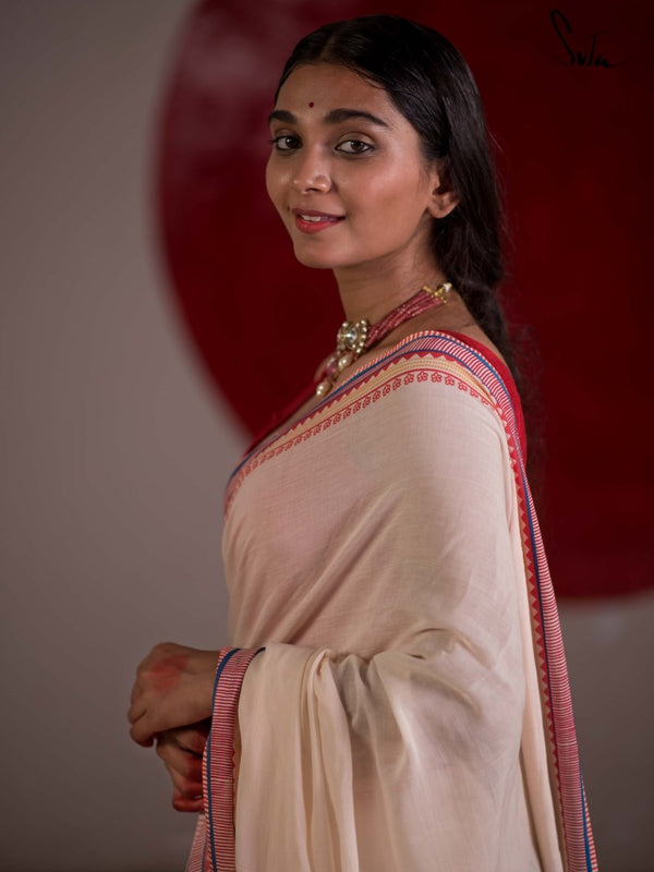 Cotton Border Design White Saree For Durga Puja|Anjoli|Suta