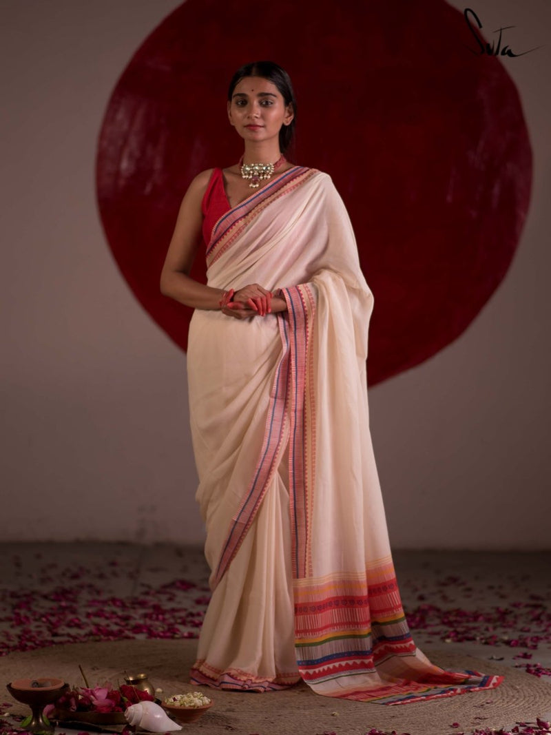 Cotton Border Design White Saree For Durga Puja|Anjoli|Suta