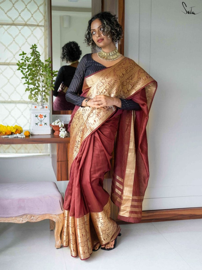 Cotton Silk Designer Maroon Saree|August Presence|Suta