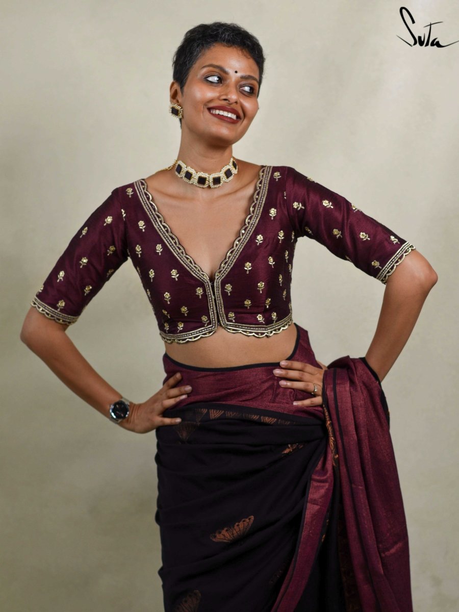 Art Silk Embroidered Violet Blouse|Baigani Madhu|Suta