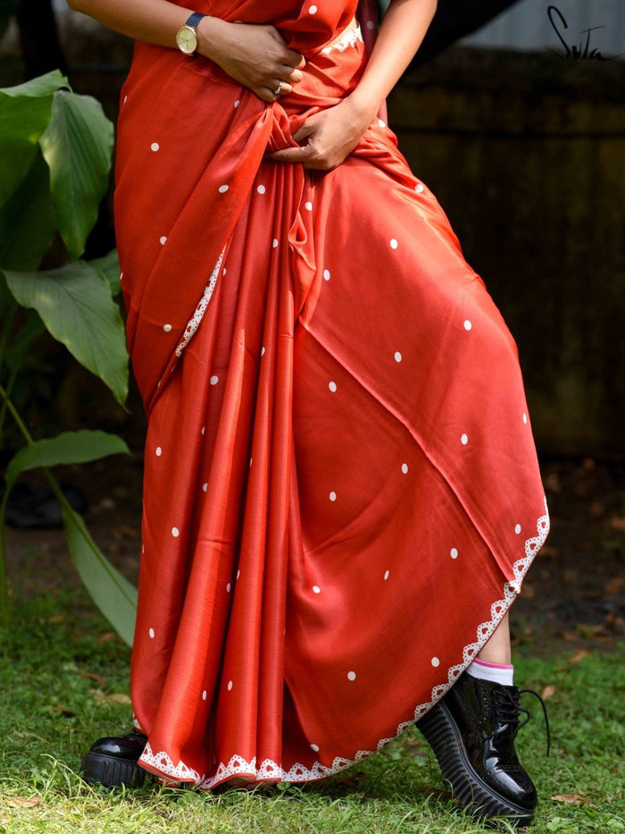 Modal Printed Polka Dot Orange Saree|Barfila Tyohar|Suta