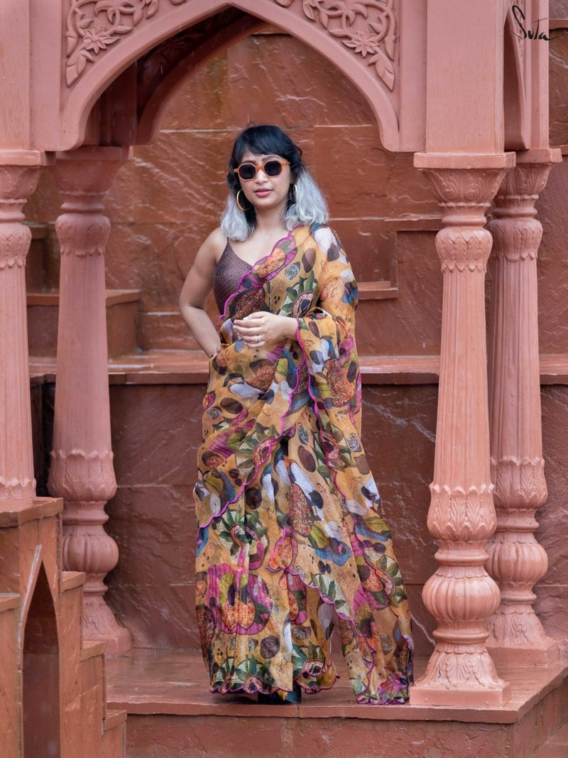 Woven Organza Silk Saree In Mustard Colour|Bhari Mandi|Suta