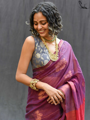 Silk Grey Sleeveless Blouse With V Neck|Chandra Kamal|Suta