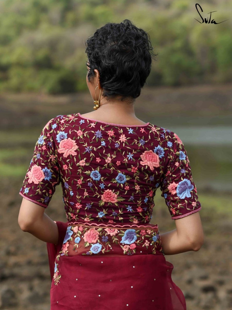 Silk Organza Maroon Designer Blouse|Charade Of Stars|Suta