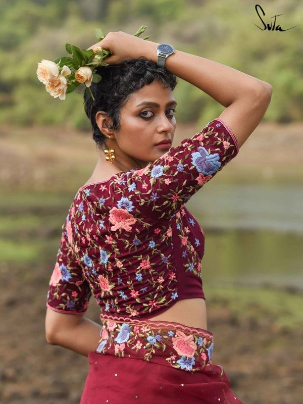 Silk Organza Maroon Designer Blouse|Charade Of Stars|Suta